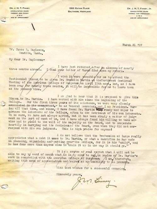 1927 Testimonials for Franklin H. Martin, MD, FACS | ACS